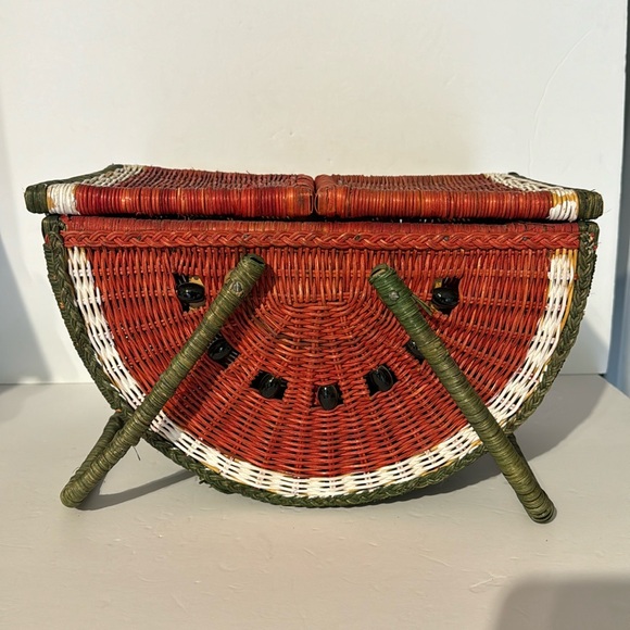 Other | Vintage Wicker Picnic Basket Watermelon Red Green | Poshmark